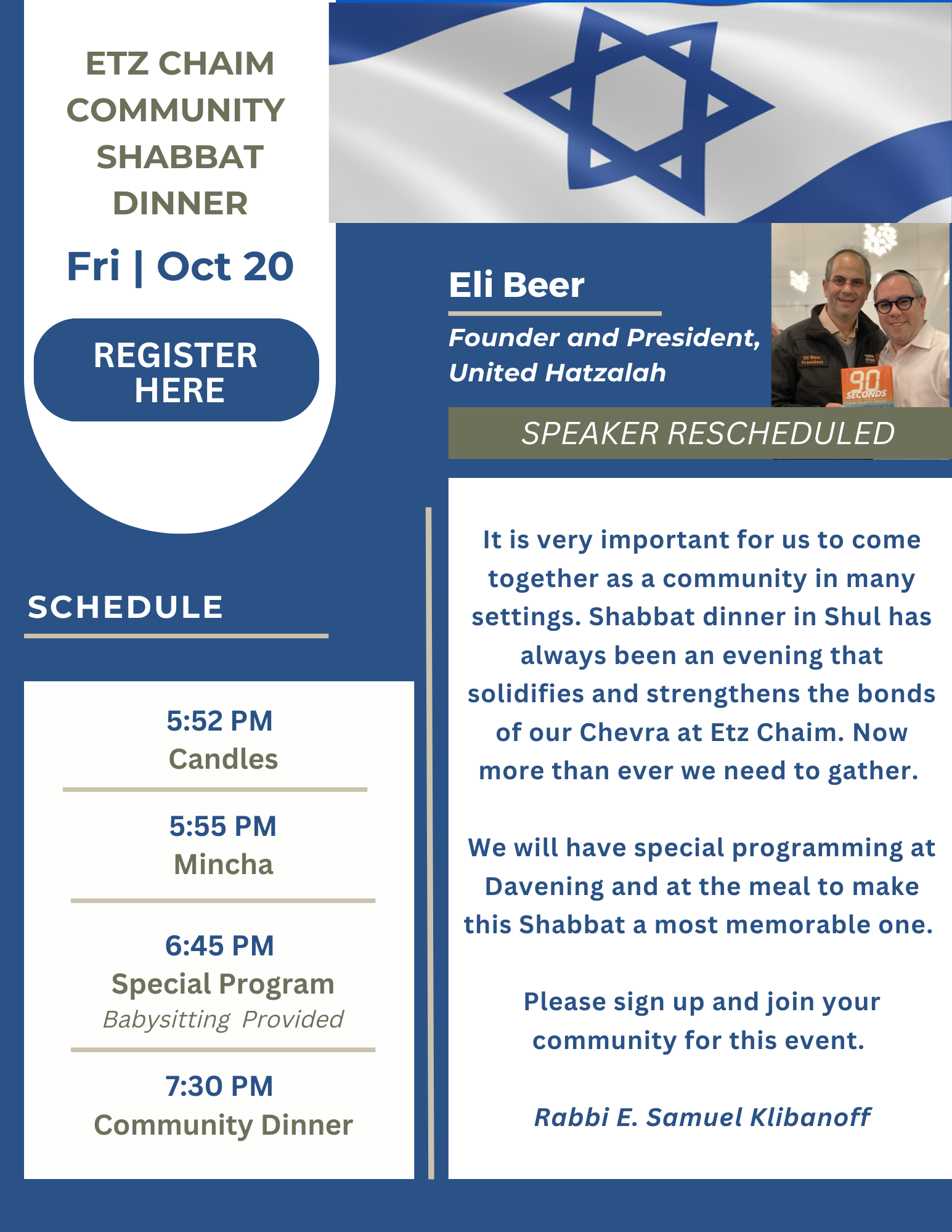 Etz Chaim Community Shabbat Dinner | Congregation Etz Chaim - Modern Orthodox Synagogue ...